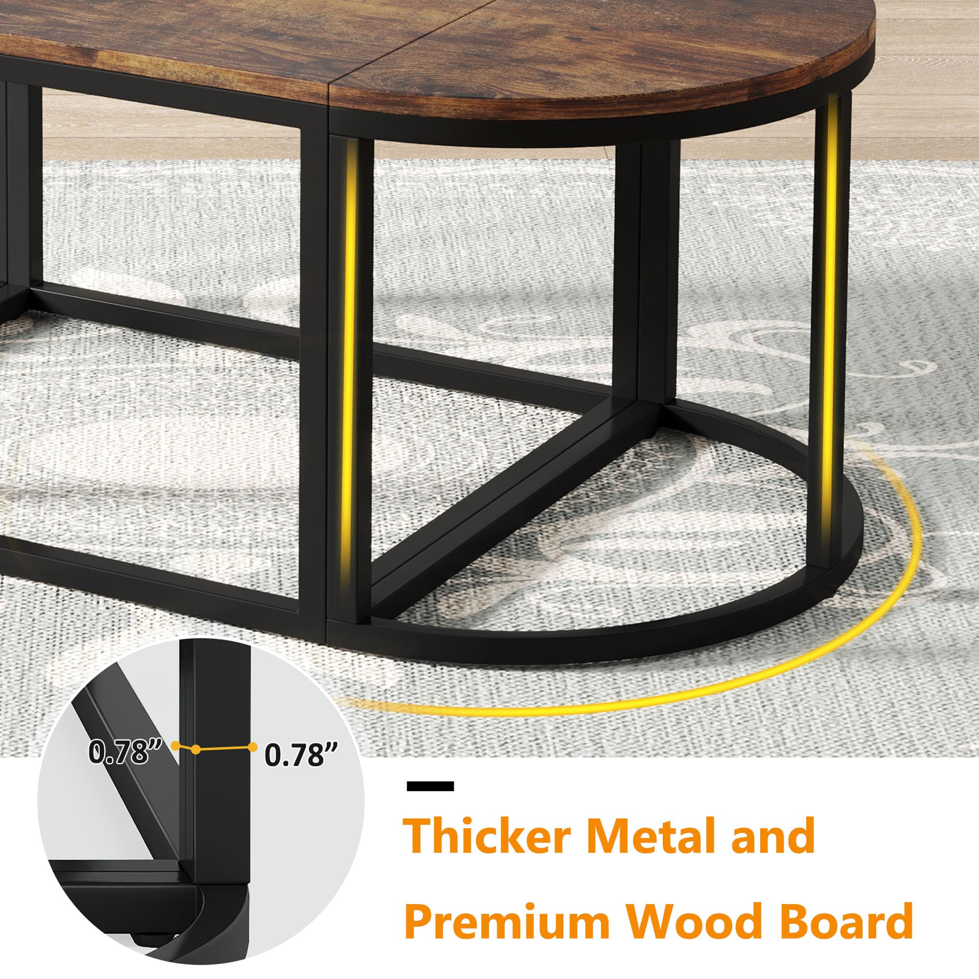 Wood Coffee Table Set: Large 47" Modern Oval Coffee Table for Living Room, Detachable into a Square Table and Small Round End Tables Mid-Century Side Table Couch Table with Storage, Stable Metal Stand