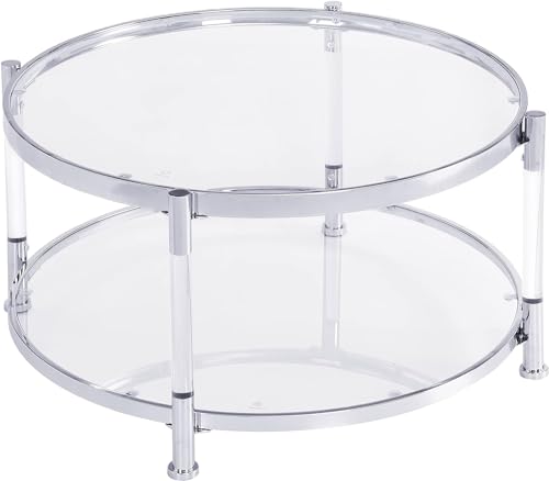 Round Coffee Table with Silver Metal Base, 2-Tier Acrylic Clear Glass Coffee Table with Storage Shelf, Center Table Modern Coffee Table Tea Table Cocktail Table Living Room Table, Circle Coffee Table
