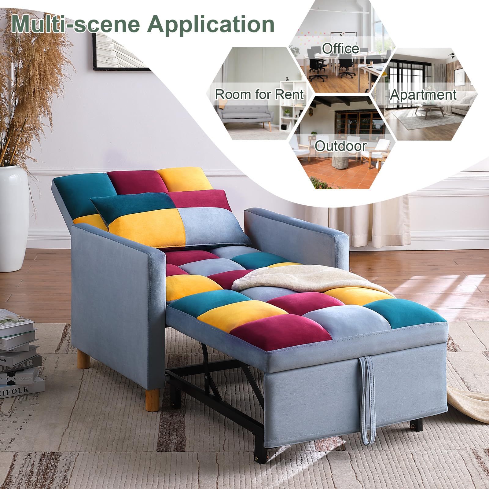 ODUWA Convertible Chair Bed,3-in-1 Sleeper Single Sofa Chair Bed with Pillow,Adjustable Backrest Recliner with Soft Velvet Fabric,Pull Out Sleeper Bed for Living Room,Dorm,Apartment,Bedroom or Office