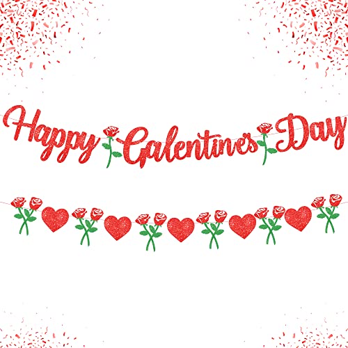 Happy Galentines Day Banner with Roses - 2 Strings, No DIY | Happy Galentines Day Decorations | Galentines Day Party Favors for Be My Galentine Decor | Galentine's Day Decorations, Galentines Décor