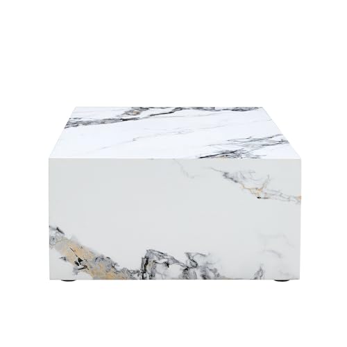 Maotifeys White Marble Coffee Table for Living Room Rectangular Faux Marble Center Table Modern Elegant Wooden Cocktail Table for Home Office -Fully Assembled