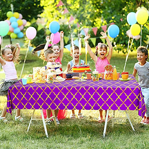 2 Pcs Arabian Tablecloth Purple Gold Lattice Plastic Table Covers 87 x 51 Inches Arabian Nights Themed Party Decorations for Arabian Nights Party Supplies