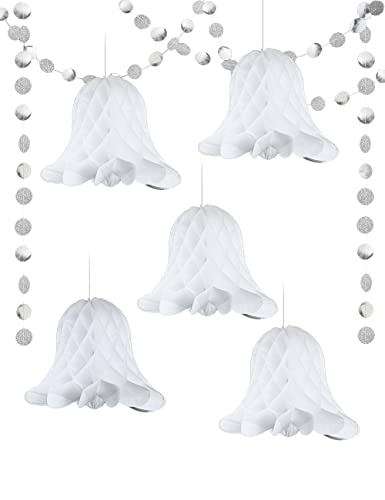 Hanging Paper Bells Honeycomb 5 Pieces and Glittery Silver Tassels,White Bridal Honeycomb Bells Decorating Supplies Suitable for Wedding Decoration, P… (10)