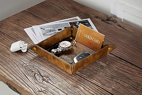 OARIE Leather Bedside Storage Tray - Jewelry Organizer for Men - Key Wallet Coin Box Travel Valet Tray (Classic Brown)