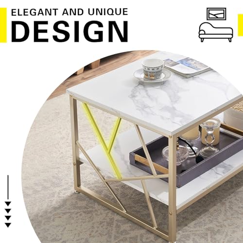 MKJLWO White Coffee Tables for Living Room, Square Marble Gold Coffee Table 2-Tier Storage Modern Center Table White Home Furniture Office Decor 43×21in