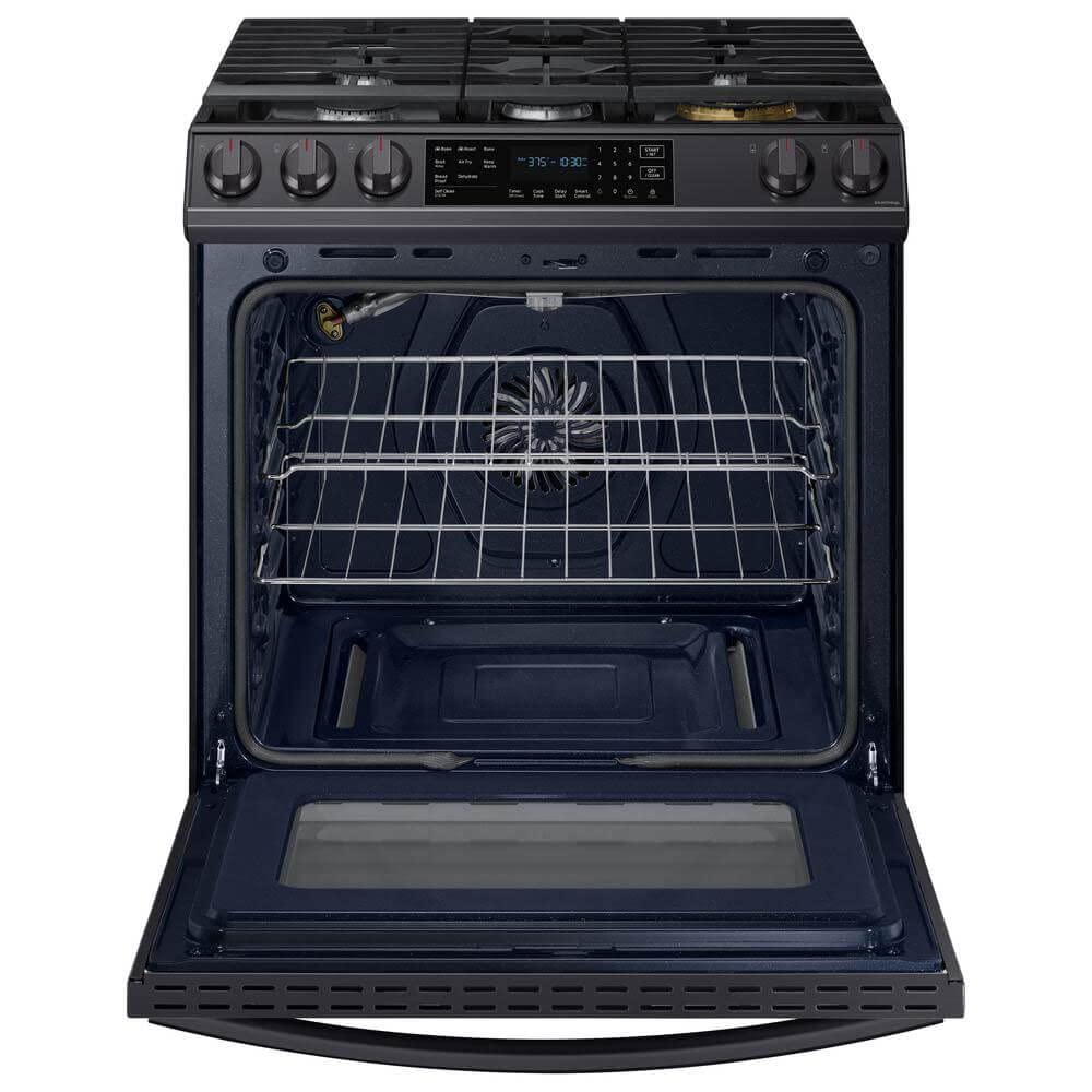 SAMSUNG 6.0 Cu Ft Smart Front Control Slide-In Gas Range Kitchen Stove w/ Air Fry, Convention+, Wi-Fi, Large Oven Capacity, NE60T8511SG/AA, Fingerprint Resistant Stainless Steel, Black