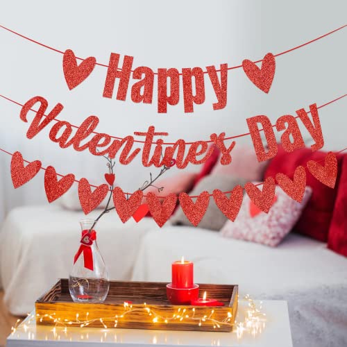 MZ.ogm Valentines Banner with Glittery Felt Heart Garland Banner Happy Valentines Day Banner Decor for Fireplace Valentines Day Decorations for