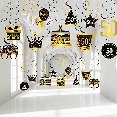 30 Pieces 50th Birthday Party Hanging Swirl Decorations, Black Golden Silver Happy 50th Party Cake Glasses Balloons Sign Foil Swirls Ceiling Decorations for Men and Women 50 Years Old