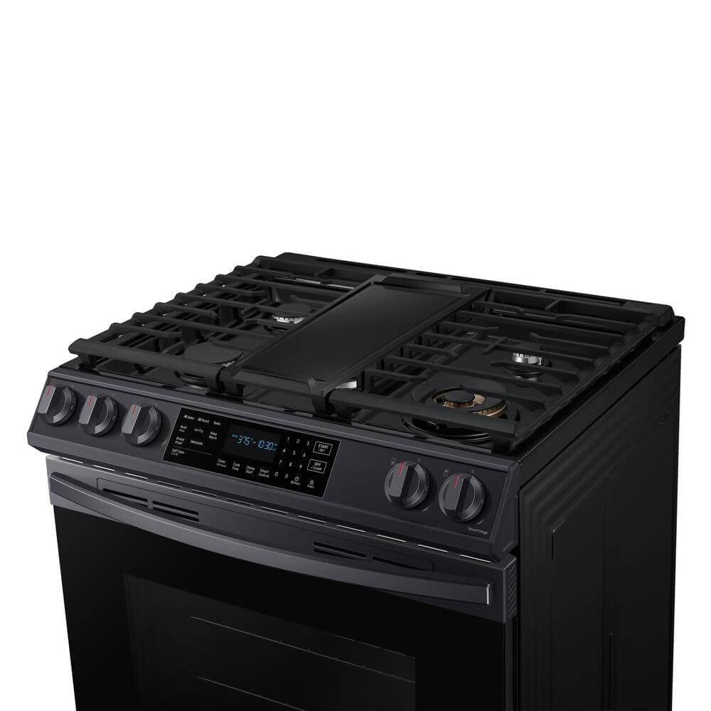 SAMSUNG 6.0 Cu Ft Smart Front Control Slide-In Gas Range Kitchen Stove w/ Air Fry, Convention+, Wi-Fi, Large Oven Capacity, NE60T8511SG/AA, Fingerprint Resistant Stainless Steel, Black