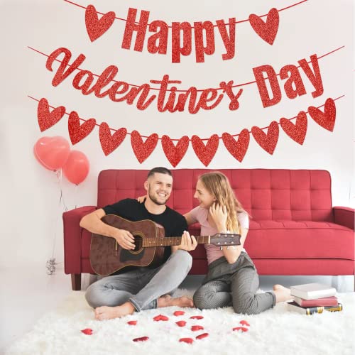MZ.ogm Valentines Banner with Glittery Felt Heart Garland Banner Happy Valentines Day Banner Decor for Fireplace Valentines Day Decorations for