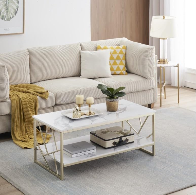 MKJLWO White Coffee Tables for Living Room, Square Marble Gold Coffee Table 2-Tier Storage Modern Center Table White Home Furniture Office Decor 43×21in