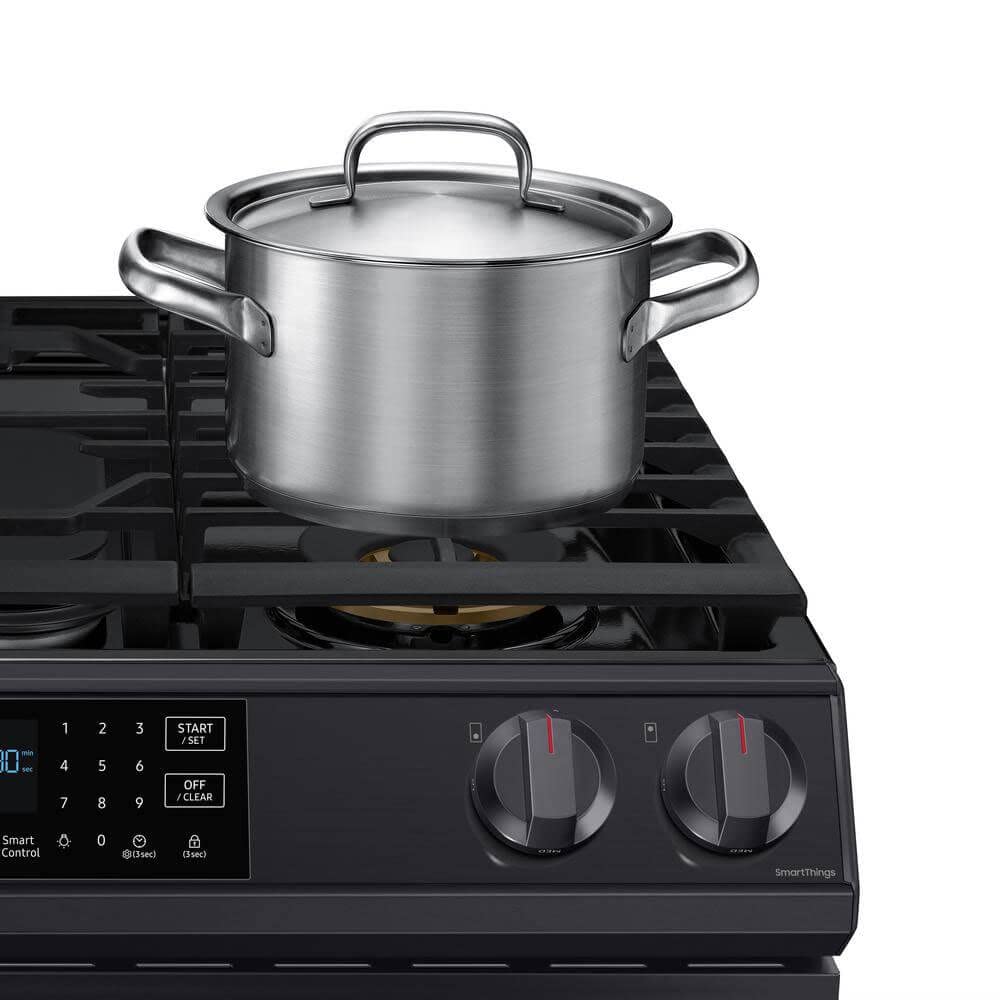 SAMSUNG 6.0 Cu Ft Smart Front Control Slide-In Gas Range Kitchen Stove w/ Air Fry, Convention+, Wi-Fi, Large Oven Capacity, NE60T8511SG/AA, Fingerprint Resistant Stainless Steel, Black
