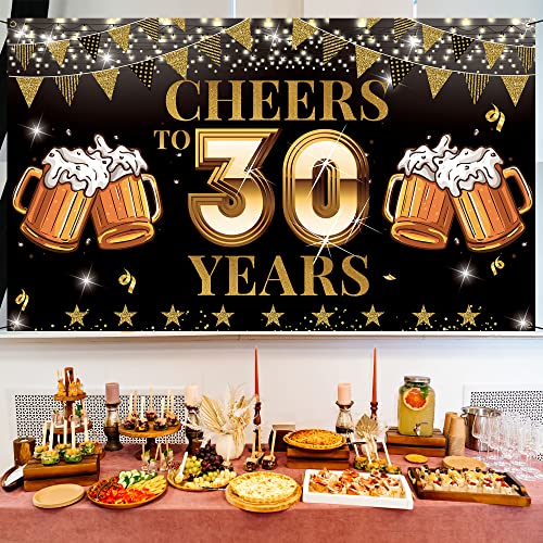 Cheers to 30 Years Backdrop Banner, Happy 30th Birthday Decorations for Men Women, 30th Anniversary, Class Reunion Backdrop, Black Gold 30 Years Celebration Party Decoration, Vicycaty (6.1ft x 3.6ft)