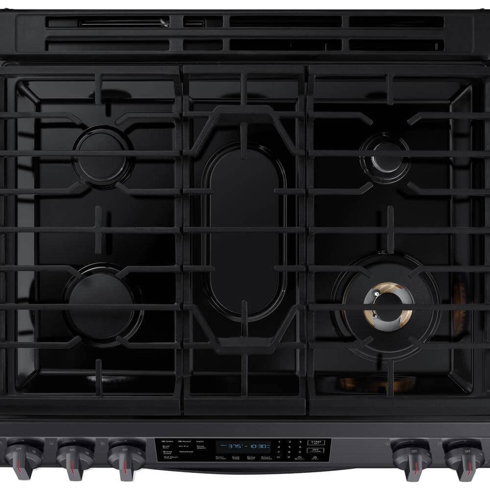 SAMSUNG 6.0 Cu Ft Smart Front Control Slide-In Gas Range Kitchen Stove w/ Air Fry, Convention+, Wi-Fi, Large Oven Capacity, NE60T8511SG/AA, Fingerprint Resistant Stainless Steel, Black