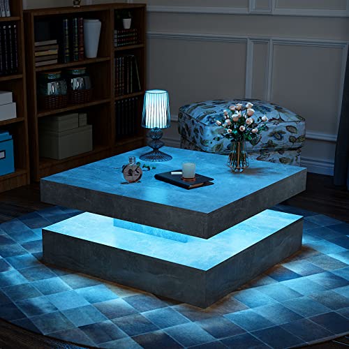 HedoAjim LED Coffee Table for Living Room, Living Room Table 2-Tier Square Middle Center Table, Modern Coffee Tables with Storage, Contemporary Wood Tea Tables for Dining Reception, Grey