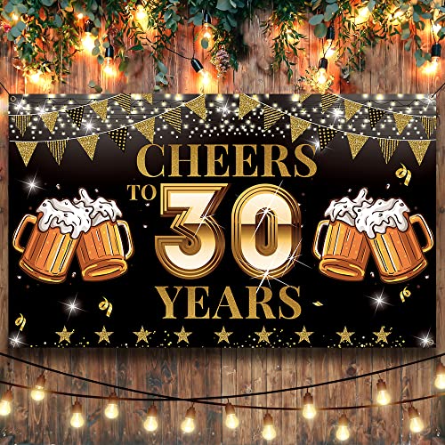 Cheers to 30 Years Backdrop Banner, Happy 30th Birthday Decorations for Men Women, 30th Anniversary, Class Reunion Backdrop, Black Gold 30 Years Celebration Party Decoration, Vicycaty (6.1ft x 3.6ft)