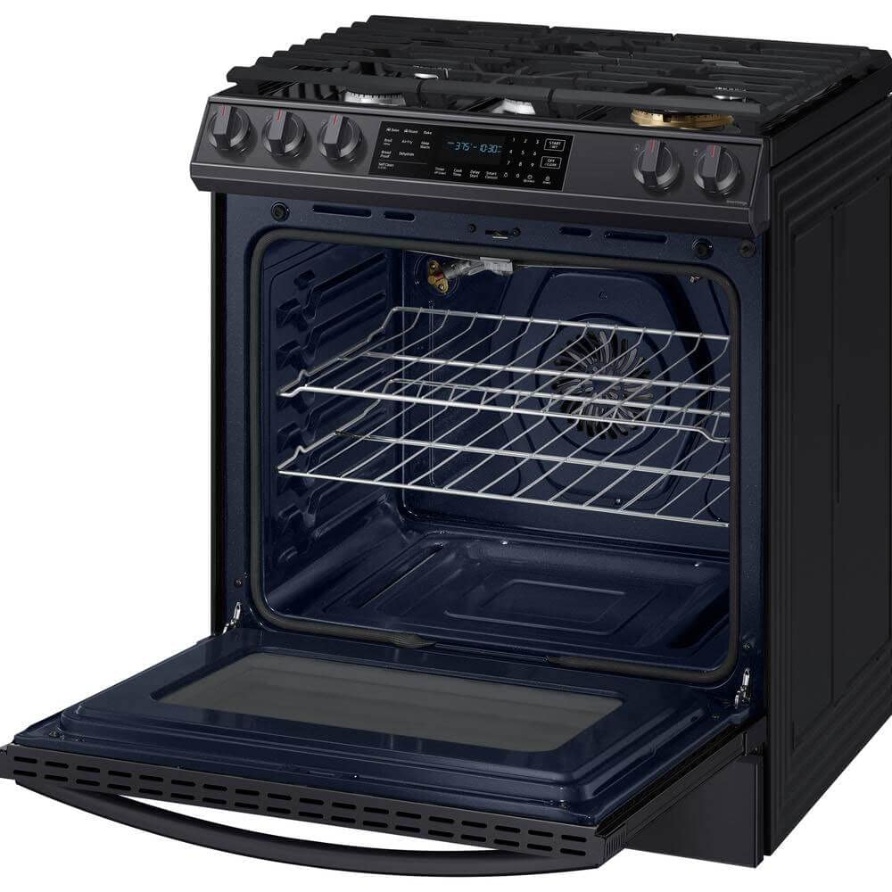 SAMSUNG 6.0 Cu Ft Smart Front Control Slide-In Gas Range Kitchen Stove w/ Air Fry, Convention+, Wi-Fi, Large Oven Capacity, NE60T8511SG/AA, Fingerprint Resistant Stainless Steel, Black