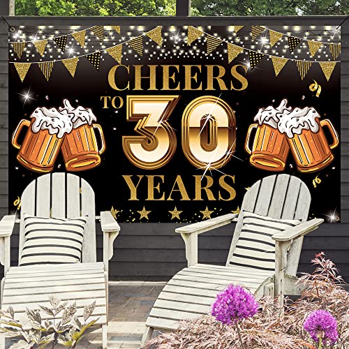 Cheers to 30 Years Backdrop Banner, Happy 30th Birthday Decorations for Men Women, 30th Anniversary, Class Reunion Backdrop, Black Gold 30 Years Celebration Party Decoration, Vicycaty (6.1ft x 3.6ft)