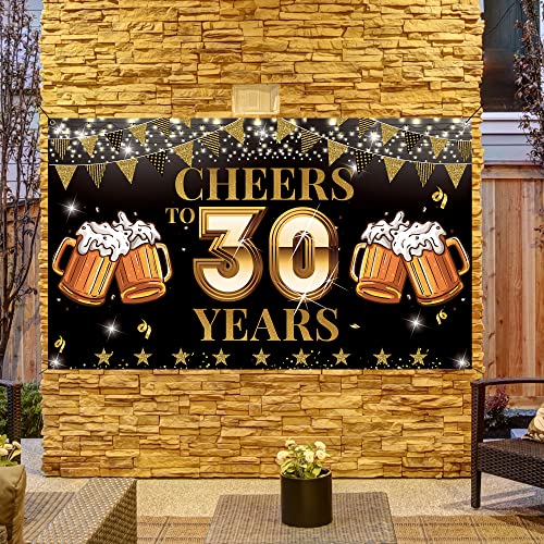 Cheers to 30 Years Backdrop Banner, Happy 30th Birthday Decorations for Men Women, 30th Anniversary, Class Reunion Backdrop, Black Gold 30 Years Celebration Party Decoration, Vicycaty (6.1ft x 3.6ft)