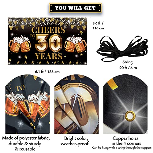 Cheers to 30 Years Backdrop Banner, Happy 30th Birthday Decorations for Men Women, 30th Anniversary, Class Reunion Backdrop, Black Gold 30 Years Celebration Party Decoration, Vicycaty (6.1ft x 3.6ft)