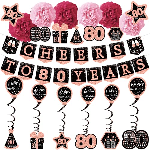 80th birthday decorations for women - (21pack) cheers to 80 years rose gold glitter banner for women, 6 paper Poms, 6 Hanging Swirl, 7 decorations stickers. 80 Years Old Party Supplies gifts for women