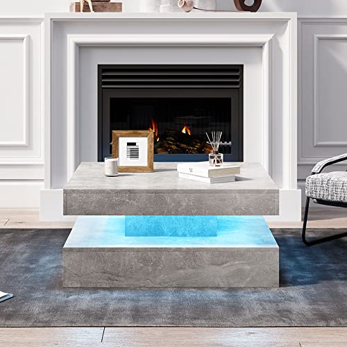 HedoAjim LED Coffee Table for Living Room, Living Room Table 2-Tier Square Middle Center Table, Modern Coffee Tables with Storage, Contemporary Wood Tea Tables for Dining Reception, Grey