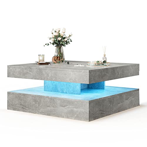 HedoAjim LED Coffee Table for Living Room, Living Room Table 2-Tier Square Middle Center Table, Modern Coffee Tables with Storage, Contemporary Wood Tea Tables for Dining Reception, Grey