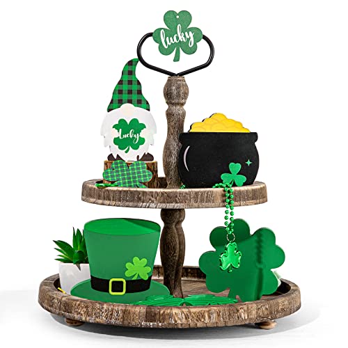 Whaline St. Patrick's Day Tiered Tray Decor Set Including Shamrock Gold Coin Pot Lucky Clover Gnome Green Hat Farmhouse Wood Sign Irish Spring Table Centerpiece for Holiday Party Home Decor, 4Pcs