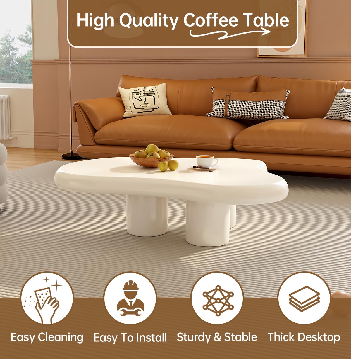 QEZEOM Cloud Coffee Table,Unique Wavy Design, Irregular Shape Living Room Coffee Table, Modern Aesthetic Cute Funky Indoor Center Table for Living Room Bedroom, 46.06in, Cream White