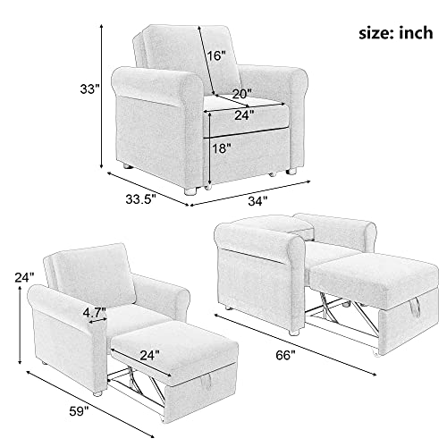 Quarte Modern 3-in-1 Sofa Bed Chair, Convertible Sleeper Chair Bed, Multi-Functional Breathable Linen Sleeper Pull Out Chair Bed, Single Bed with Adjust Backrest (Teal/Linen)