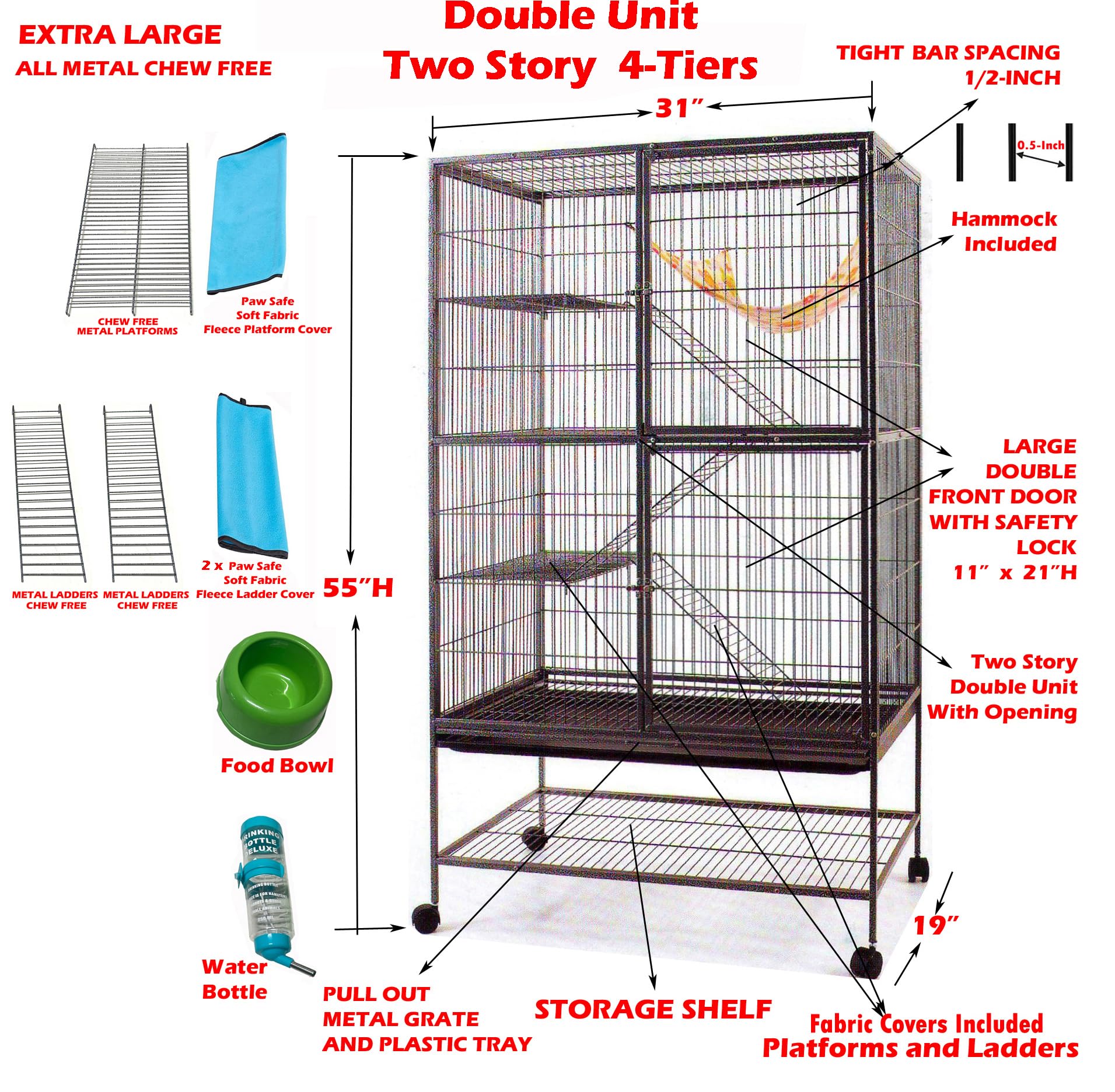 Two Story Extra Large 30.5"x19"x55"H 4-Level Double Front Doors Chew Free Feisty Ferret Chinchilla Small Animal Home Wrought Iron Cage Tight 1/2-inch Bar Spacing Rolling Stand Hammock