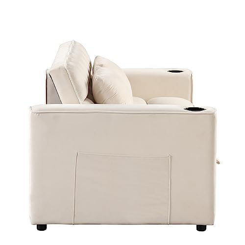 4-in-1 Multi-Functional Convertible Sofa Bed w/Cup Holder and USB Port,Velvet Upholstery Sleeper Couch Pull-Out Sofabed, 55.3'' Loveseat Chaise Lounge with Pillows for Living Room,Small Place