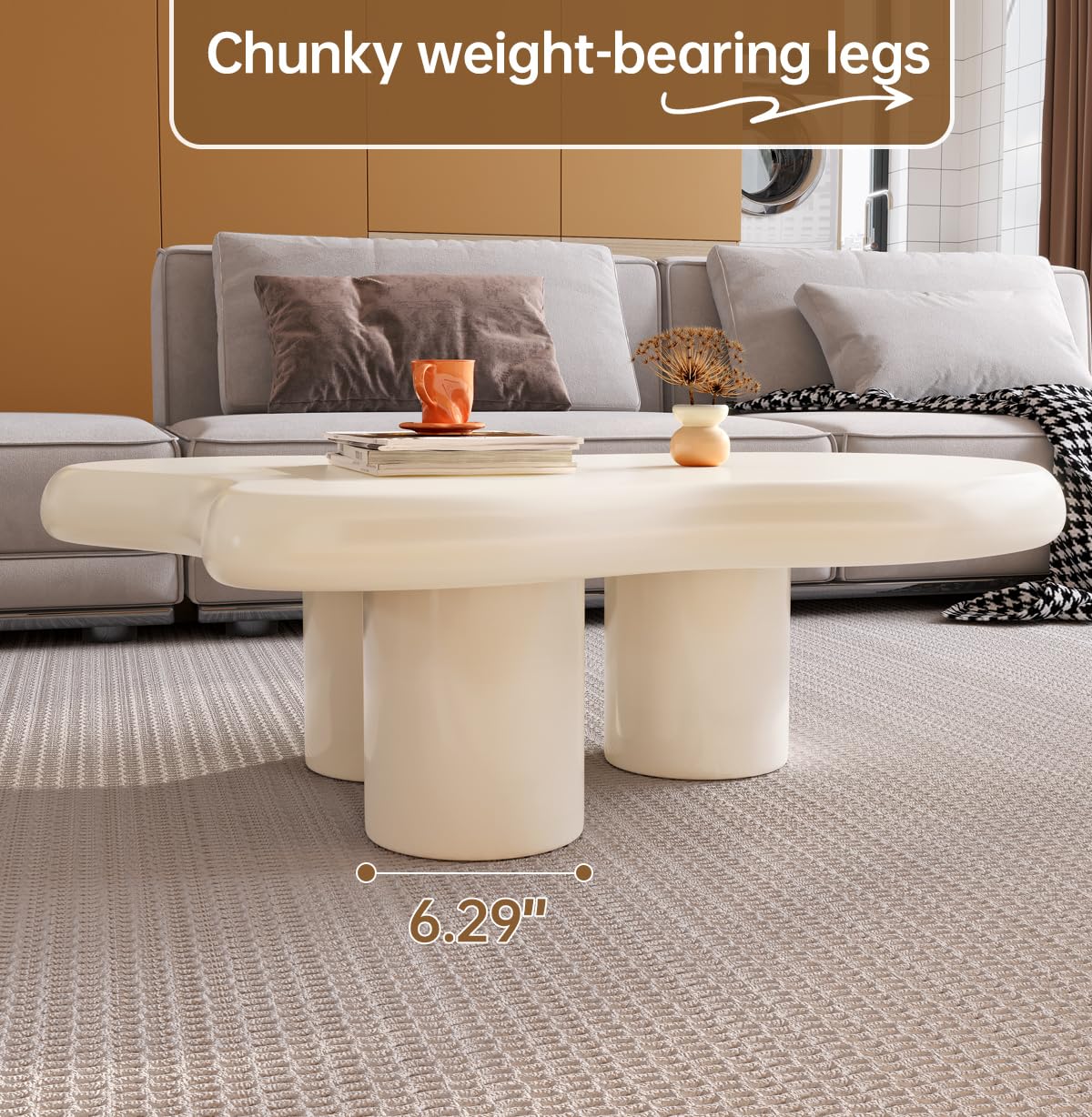QEZEOM Cloud Coffee Table,Unique Wavy Design, Irregular Shape Living Room Coffee Table, Modern Aesthetic Cute Funky Indoor Center Table for Living Room Bedroom, 46.06in, Cream White