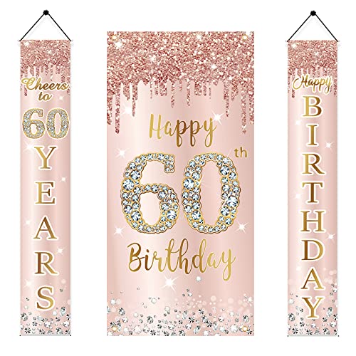 60th Birthday Door Banner Decorations for Women, Pink Rose Gold Happy 60th Birthday Door Cover & Porch Backdrop Party Supplies, Large Sixty Year Old Birthday Sign Decor for Outdoor Indoor