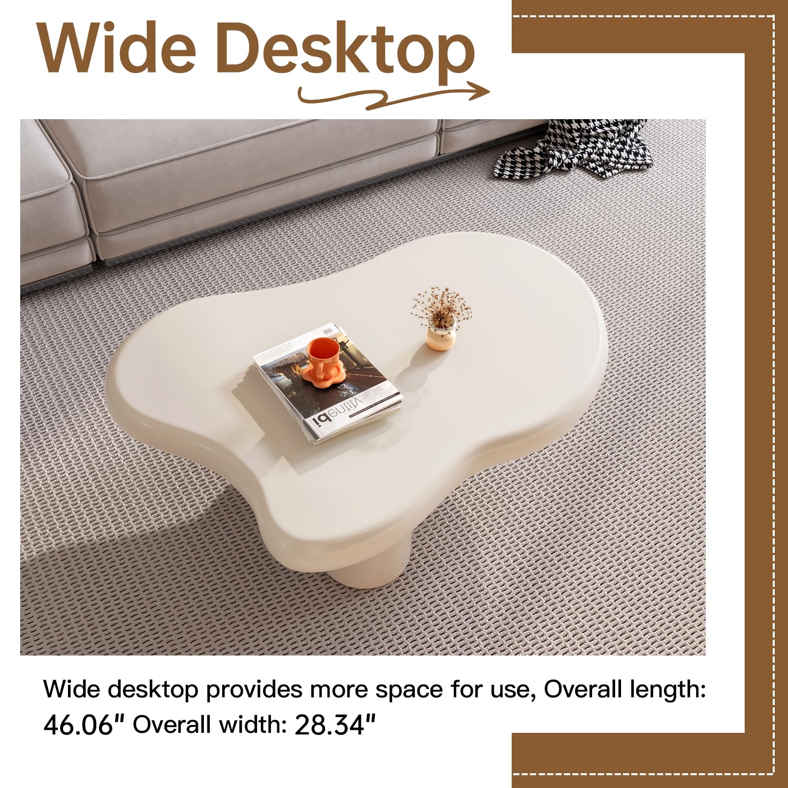 QEZEOM Cloud Coffee Table,Unique Wavy Design, Irregular Shape Living Room Coffee Table, Modern Aesthetic Cute Funky Indoor Center Table for Living Room Bedroom, 46.06in, Cream White