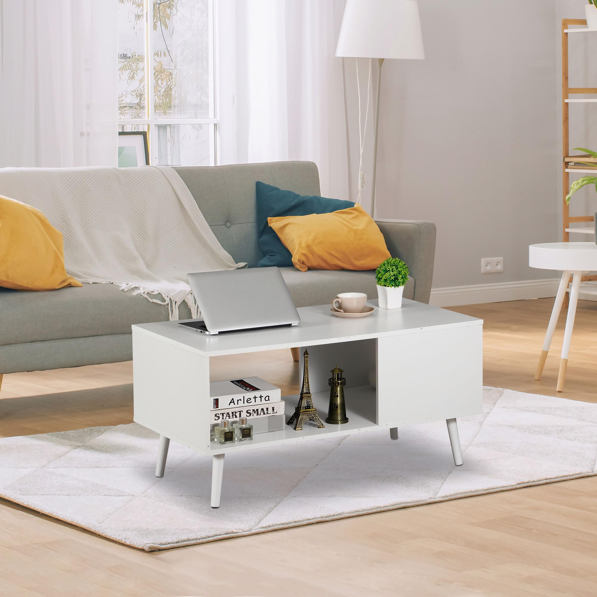 SUPER DEAL Wooden Coffee Table 2 Tier Mid Century Modern Center Table with Open Storage Shelf for Living Room, 40 Inch Accent Sofa Side Table for Indoor Bedroom Apartment Small Spaces, White