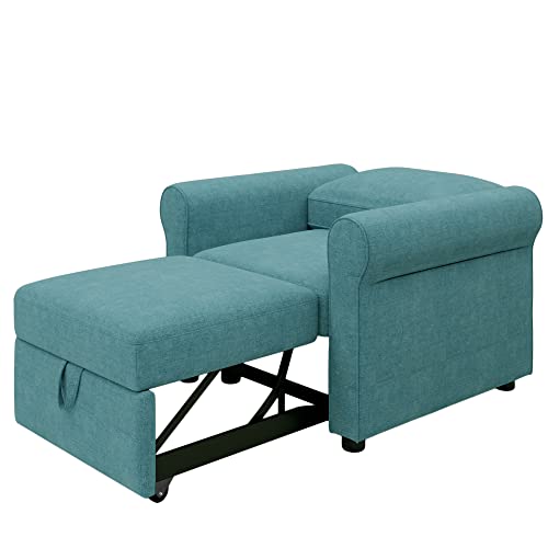 Quarte Modern 3-in-1 Sofa Bed Chair, Convertible Sleeper Chair Bed, Multi-Functional Breathable Linen Sleeper Pull Out Chair Bed, Single Bed with Adjust Backrest (Teal/Linen)
