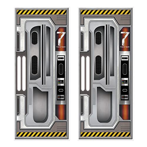 Beistle 2 Piece Printed Plastic Indoor Outdoor Spaceship Door Covers Decorations for Outer Space Galaxy Alien Theme Birthday Parties, Multicolored