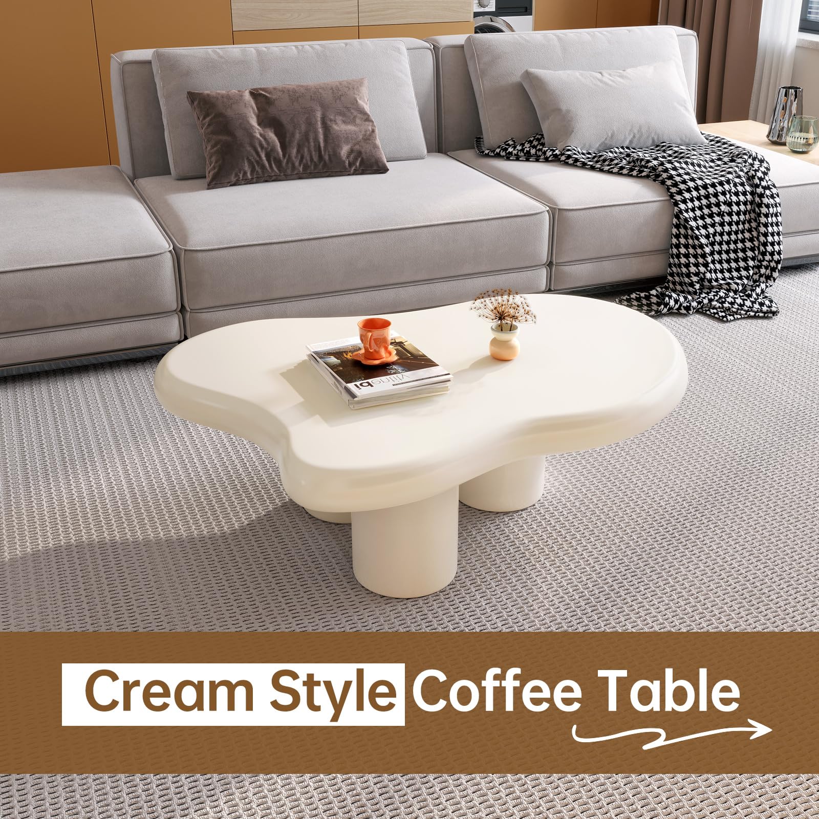 QEZEOM Cloud Coffee Table,Unique Wavy Design, Irregular Shape Living Room Coffee Table, Modern Aesthetic Cute Funky Indoor Center Table for Living Room Bedroom, 46.06in, Cream White