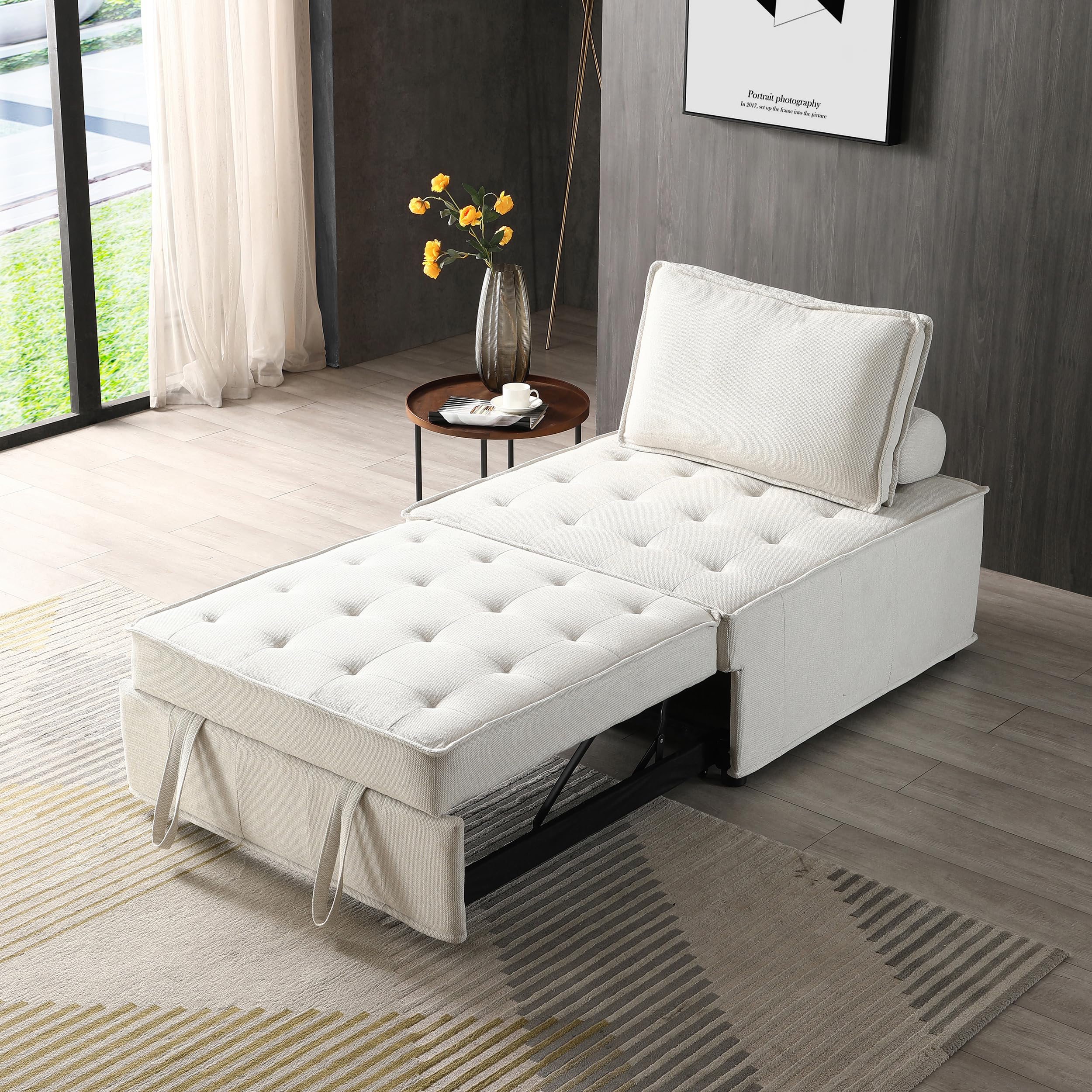 FIQHOME Pull Out Sofa, Small Tufted Velvet Convertible Couch, Easy to Assembly Faux Leather Single Bed with Removeable Backrest for Living Room Apartment (Beige+Fabric)