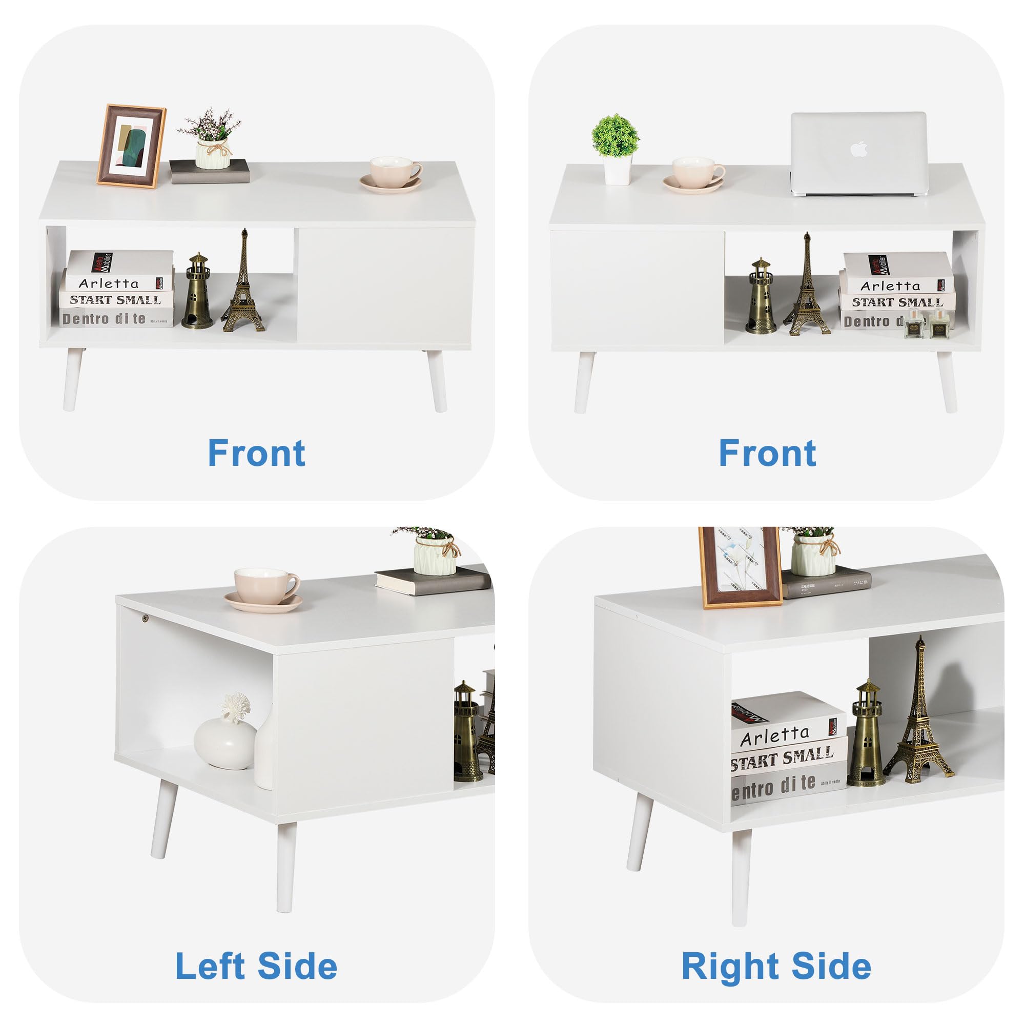 SUPER DEAL Wooden Coffee Table 2 Tier Mid Century Modern Center Table with Open Storage Shelf for Living Room, 40 Inch Accent Sofa Side Table for Indoor Bedroom Apartment Small Spaces, White