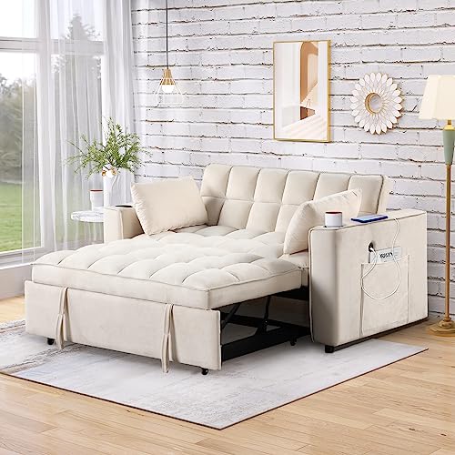4-in-1 Multi-Functional Convertible Sofa Bed w/Cup Holder and USB Port,Velvet Upholstery Sleeper Couch Pull-Out Sofabed, 55.3'' Loveseat Chaise Lounge with Pillows for Living Room,Small Place