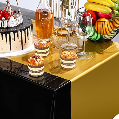 Tablecloth Black Plastic Table Cover Rectangle Disposable Tablecloth Set for Graduation Birthday Wedding Anniversary Picnic Festive Events Party Table Decoration Supplies (Black and Gold, 6)