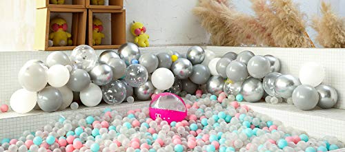 Light Grey Metallic Silver White Balloon Garland Arch Kit 110Pcs Chrome Confetti,Tying Tools+Decorating Strip+Points Stickers+Flower Clips+Ribbon DIY Wedding Decoration Kits Birthday Party