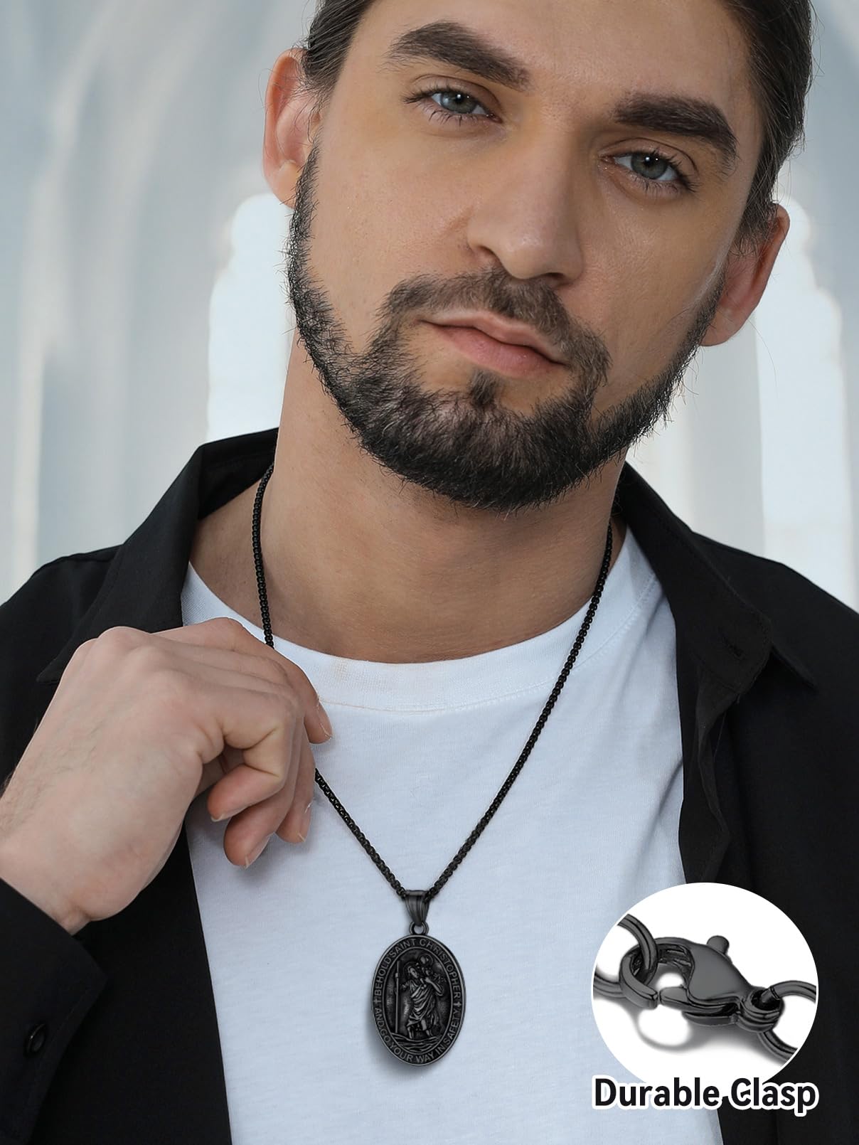 FaithHeart Black St. Christopher Necklace for Men Christian Amulet Jewelry with Stainless Steel Wheat Chain Oval Medal Pendant for Prayer