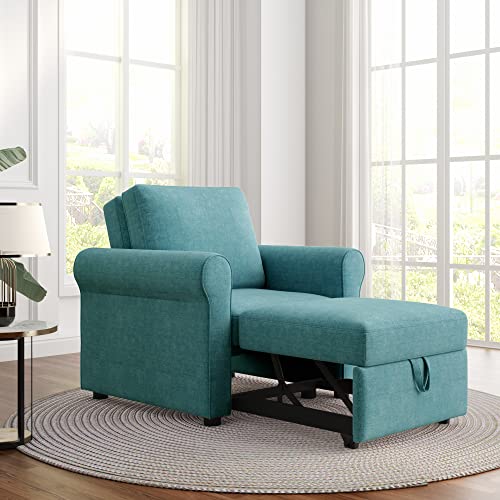 Quarte Modern 3-in-1 Sofa Bed Chair, Convertible Sleeper Chair Bed, Multi-Functional Breathable Linen Sleeper Pull Out Chair Bed, Single Bed with Adjust Backrest (Teal/Linen)