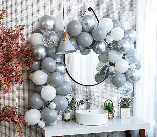 Light Grey Metallic Silver White Balloon Garland Arch Kit 110Pcs Chrome Confetti,Tying Tools+Decorating Strip+Points Stickers+Flower Clips+Ribbon DIY Wedding Decoration Kits Birthday Party