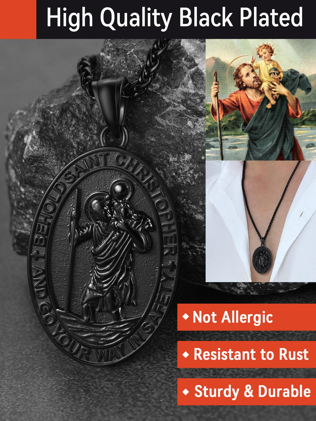FaithHeart Black St. Christopher Necklace for Men Christian Amulet Jewelry with Stainless Steel Wheat Chain Oval Medal Pendant for Prayer