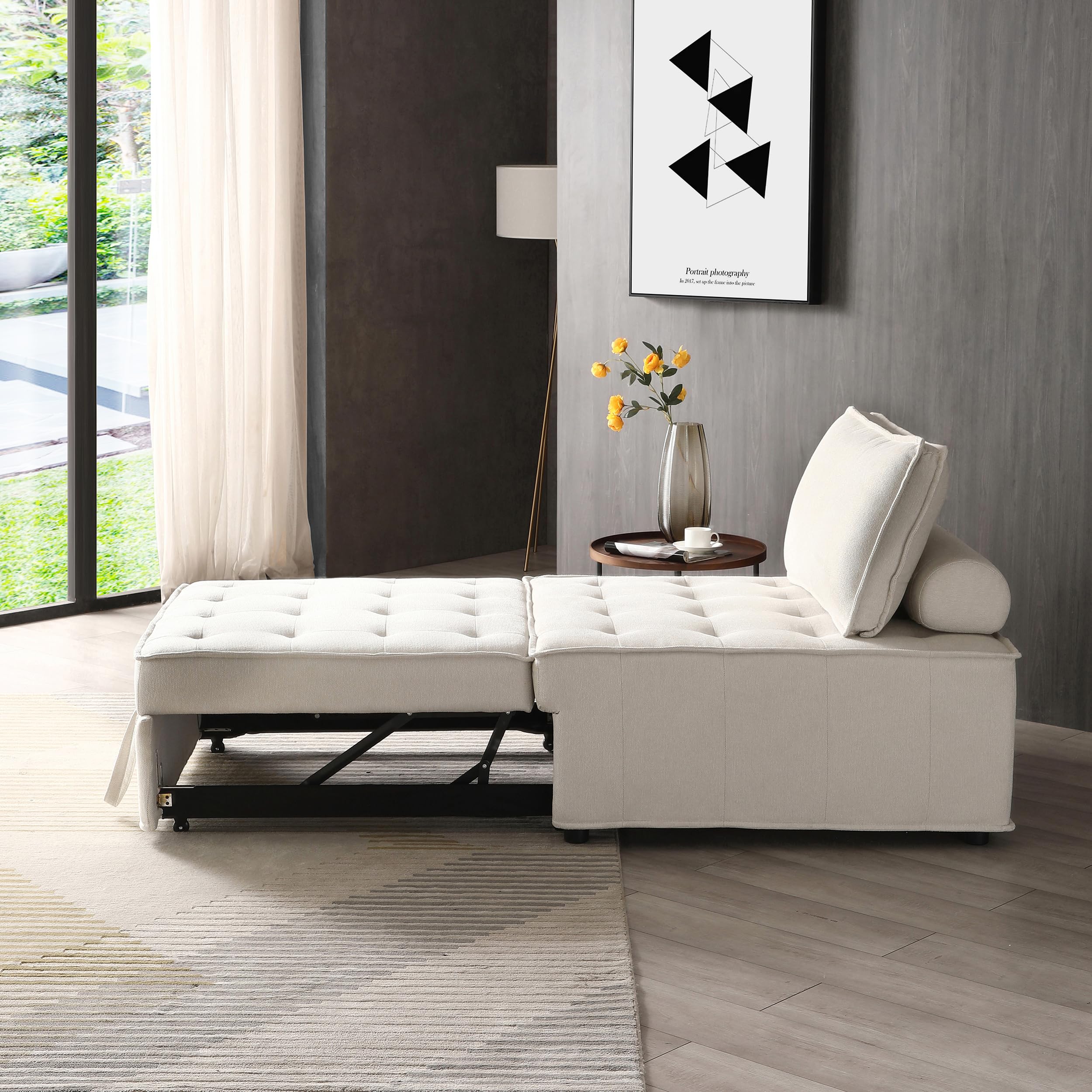 FIQHOME Pull Out Sofa, Small Tufted Velvet Convertible Couch, Easy to Assembly Faux Leather Single Bed with Removeable Backrest for Living Room Apartment (Beige+Fabric)