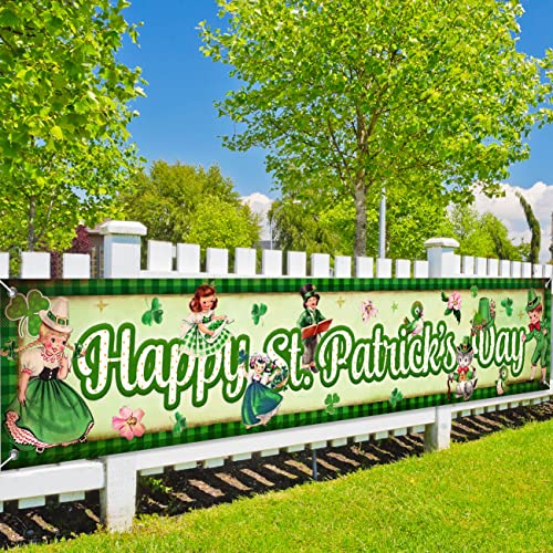 Large Vintage Happy St. Patrick's Day Banner Lucky Green Shamrock Clover Yard Signs Garland Irish Holiday Party Supplies for Outdoor Indoor Home Decorations